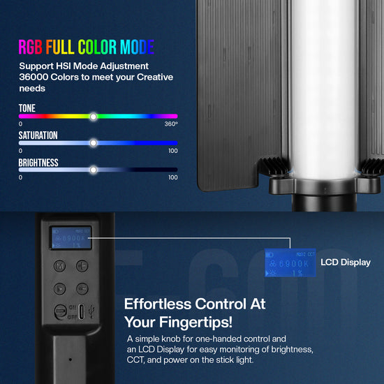 HF-600 RGB Light Stick 24W, 5200mAh, 2500K-9900K – HIFFIN